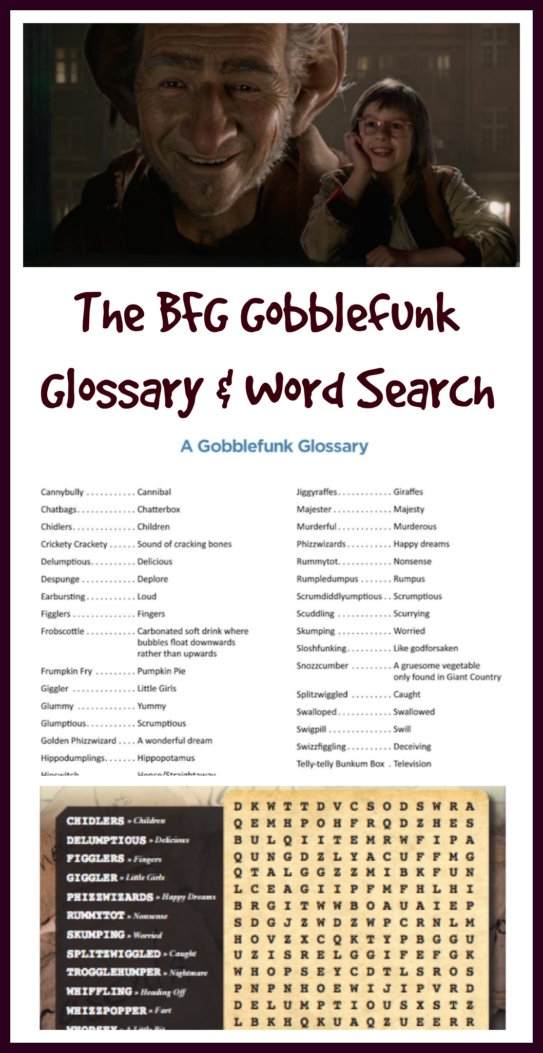The BFG Gobblefunk Glossary and Printable Word Search Puzzle - Jinxy Kids
