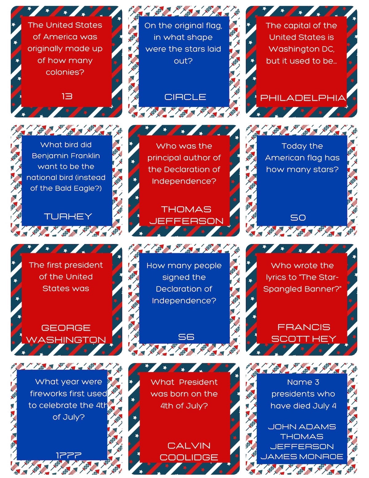 Free Printable 4th of July Trivia Cards - Jinxy Kids